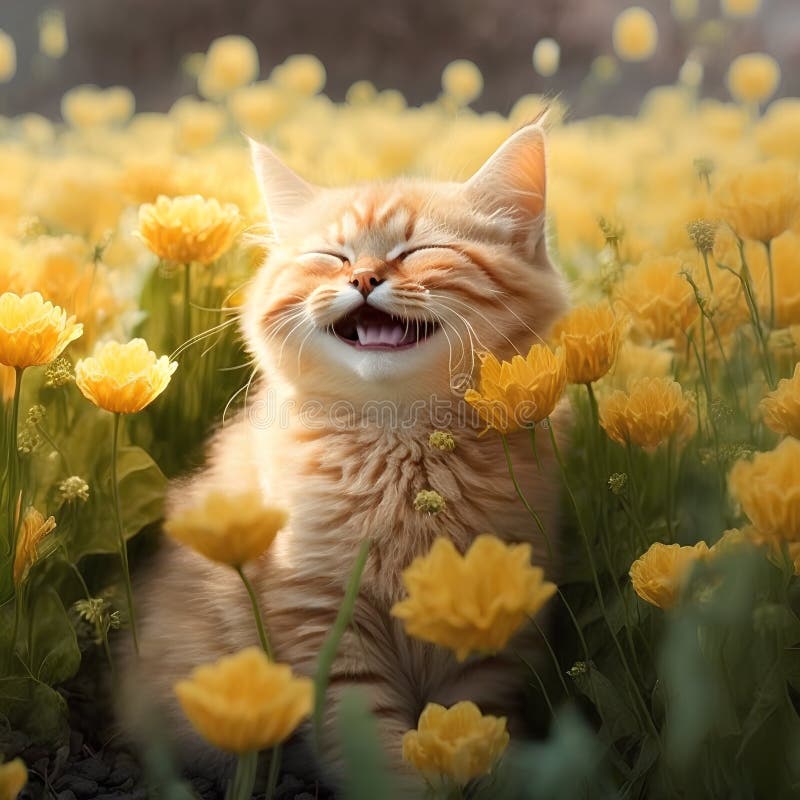 Cute Ginger Cat in Flower Field. Shallow Depth of Field Stock ...