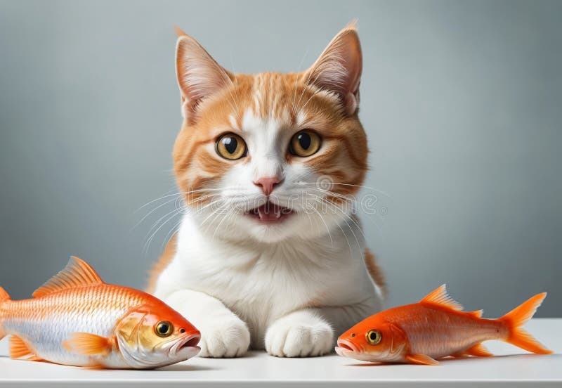 Cute Ginger Cat with Fresh Fish Stock Photo - Image of humor, facial ...