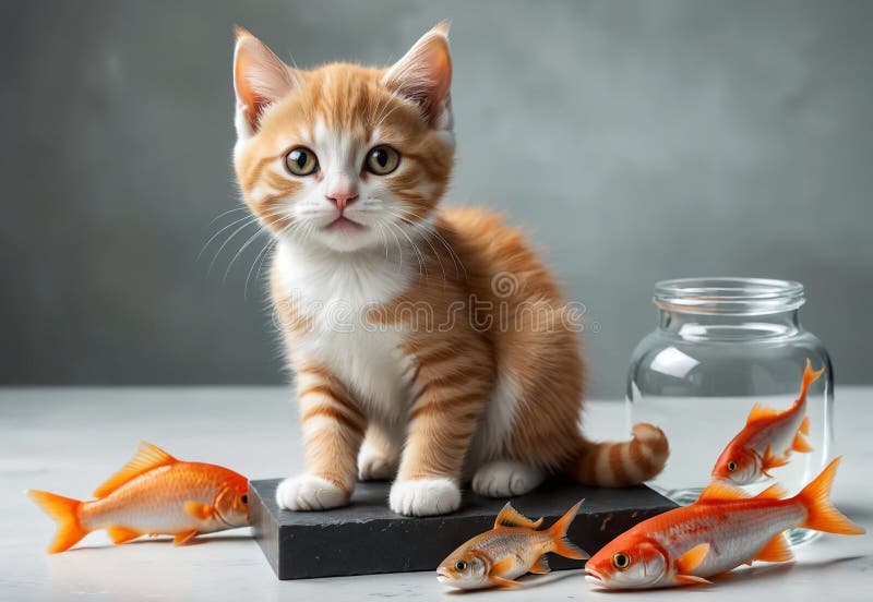 Cute Ginger Cat with Fresh Fish Stock Photo - Image of expressions ...