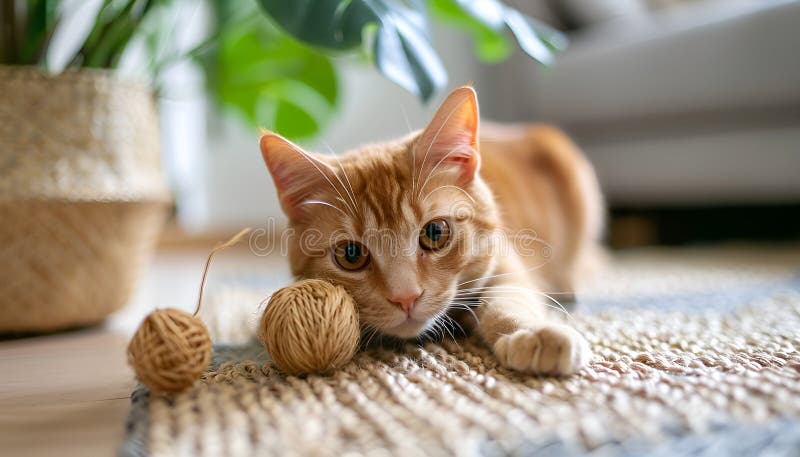 Cute Ginger Cat Playing Sisal Toy at Home Stock Illustration ...