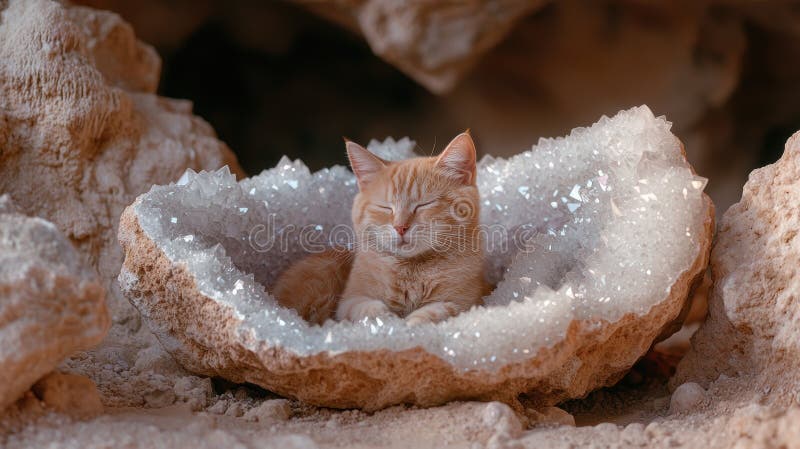Cute Ginger Cat Resting in a Bed of Crystals Stock Illustration ...