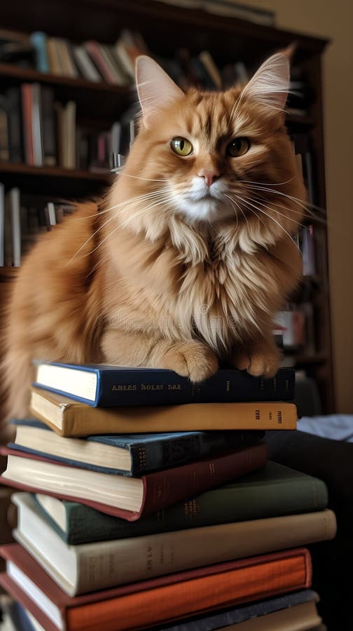 Cute Ginger Cat Sitting on Pile of Books and Looking at Camera Stock ...