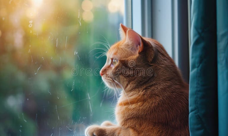 Cute Ginger Cat Sitting on the Windowsill and Looking at the Rain Stock ...
