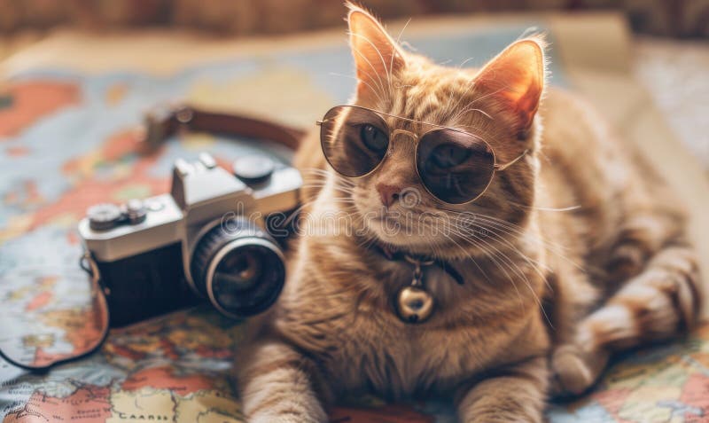 Cute Ginger Cat with Sunglasses and Camera on a Map. Travel Concept Stock Photo - Image of cute ...