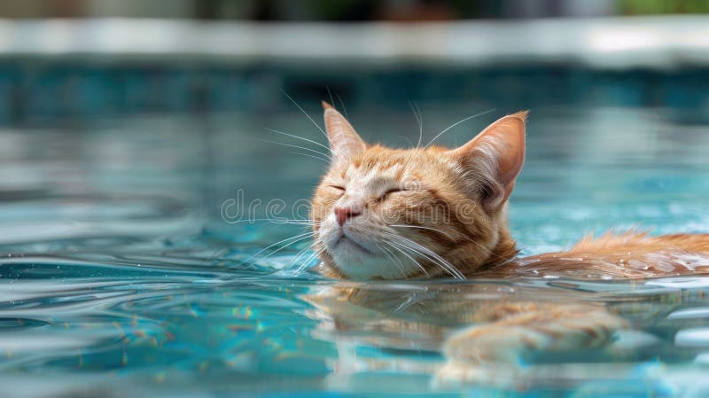 A Cute Ginger Cat Swimming Pool in a Pet Friendly Hotel. AI Generative ...