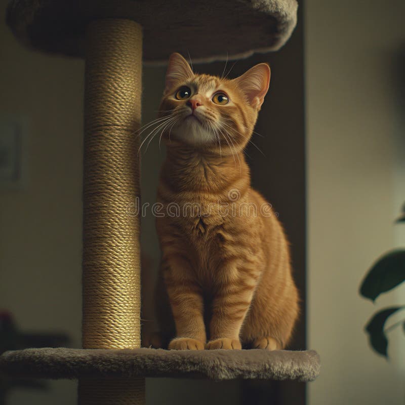 Cute Ginger Cat or Tabby Cat Sitting on the Scratching Post and Looking ...