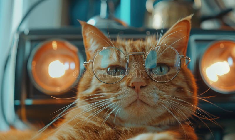 Cute Ginger Cat Wearing Eyeglasses and Looking at Camera Stock ...