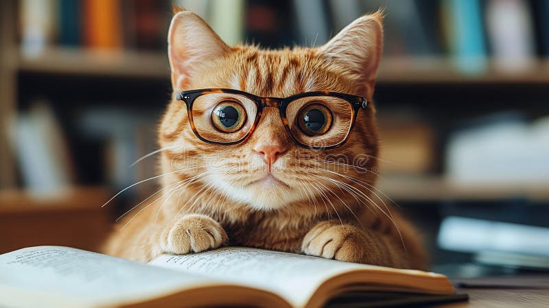 A Cute Ginger Cat Wearing Glasses Sits in Front of an Open Book, Looking Curious and Intelligent ...