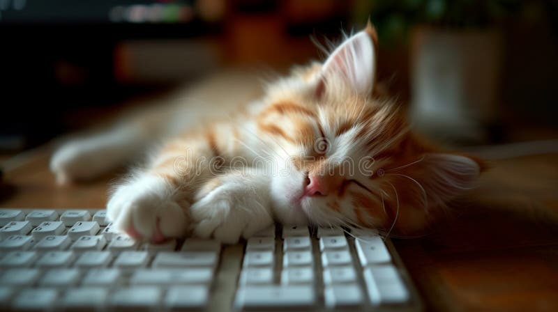 Cute Ginger Kitten Sleeping on Computer Keyboard, Funny Work from Home ...