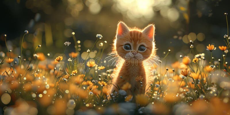 Cute Ginger Kitten in the Meadow with Flowers at Sunset Stock Image ...