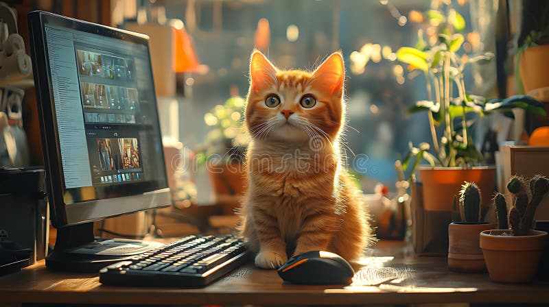 A Cute Ginger Kitten Sits on a Desk in Front of a Computer, Looking Up ...