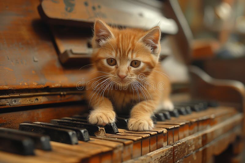 Cute Ginger Kitten Sitting on Piano Keys and Looking at Camera, Cute ...