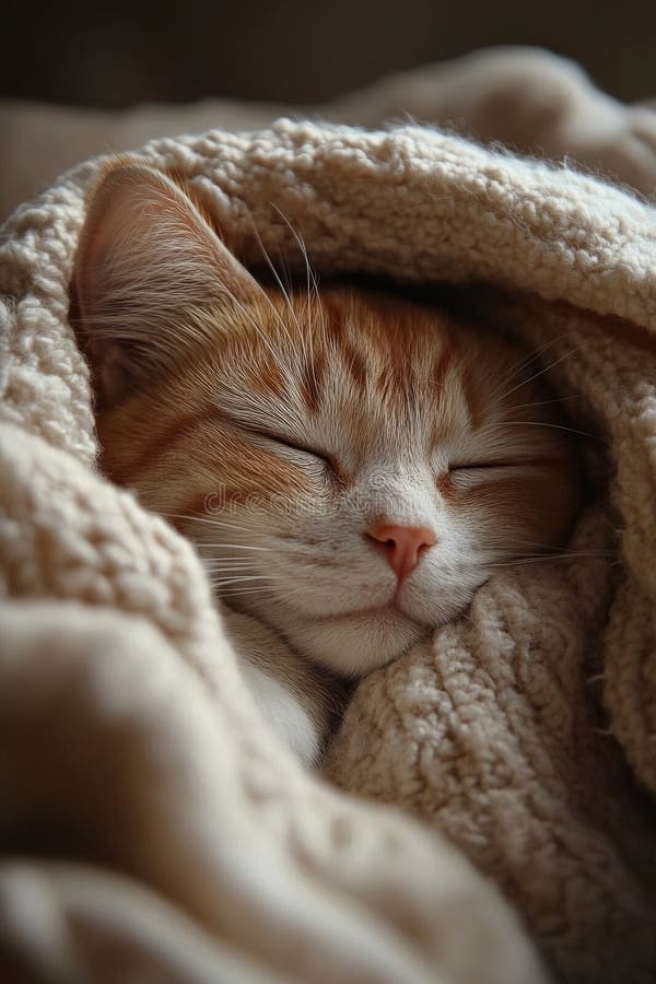 Cute Ginger Kitten Sleeping Under a Warm Cozy Blanket, Enjoying a ...