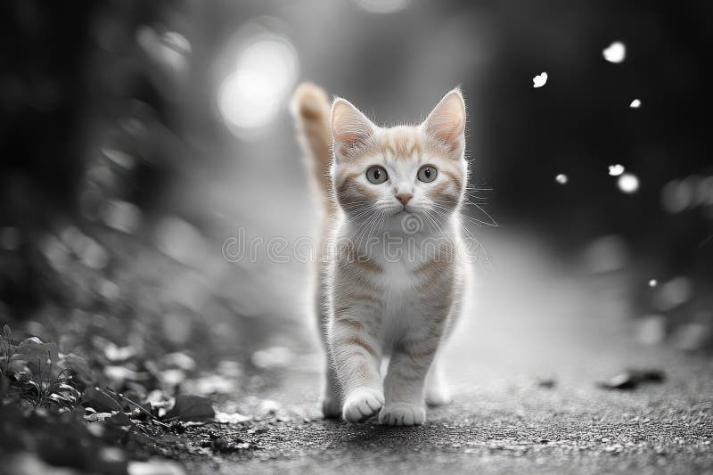Adorable Ginger Kitten Walking on Path, Monochrome Photography Stock ...