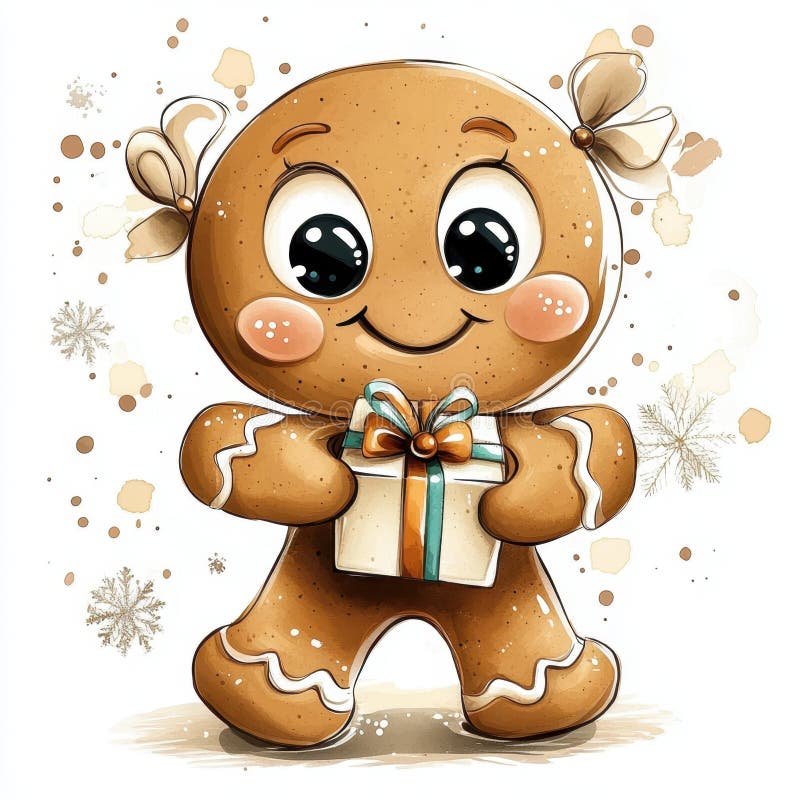 Cute Gingerbread Character Holding Gift, Perfect for Festive Themes ...