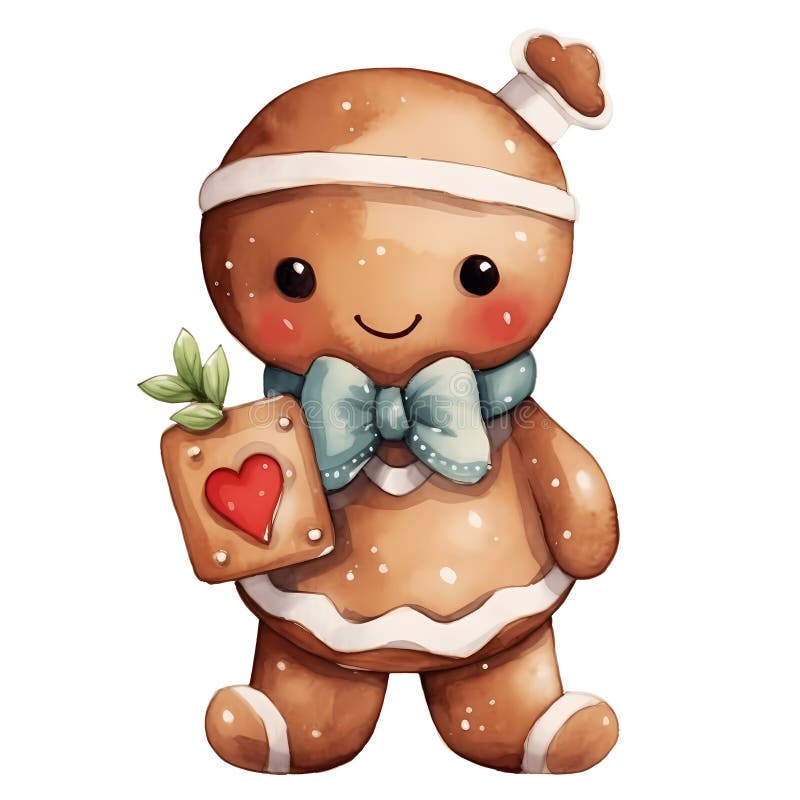 Cute Gingerbread Man Christmas Watercolor Clipart Illustration Ai Generative Stock Image