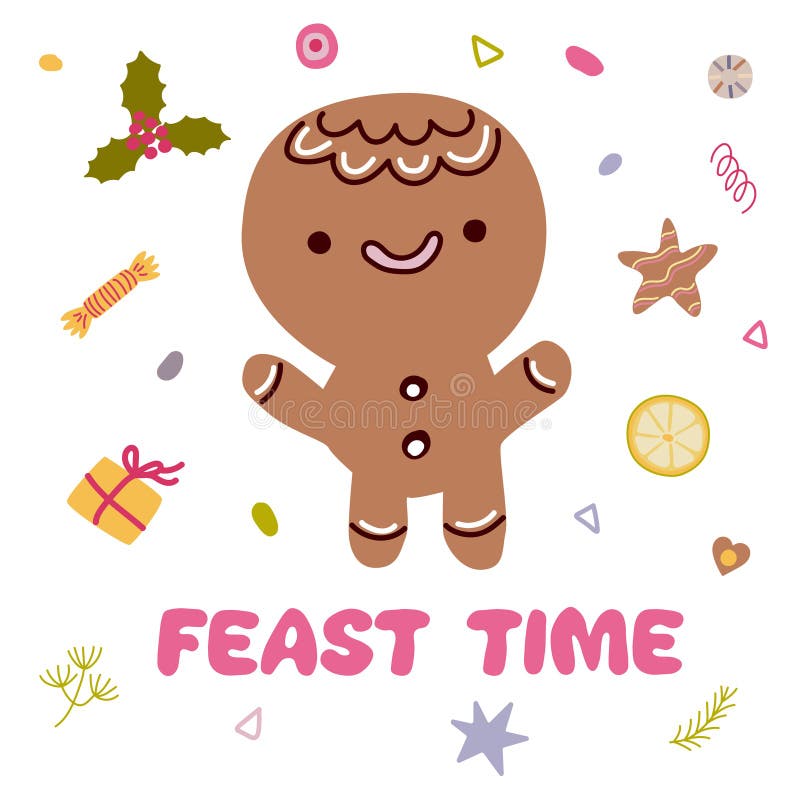 Cute Gingerbread Man Doodle Character, Surrounded by Festive Elements ...