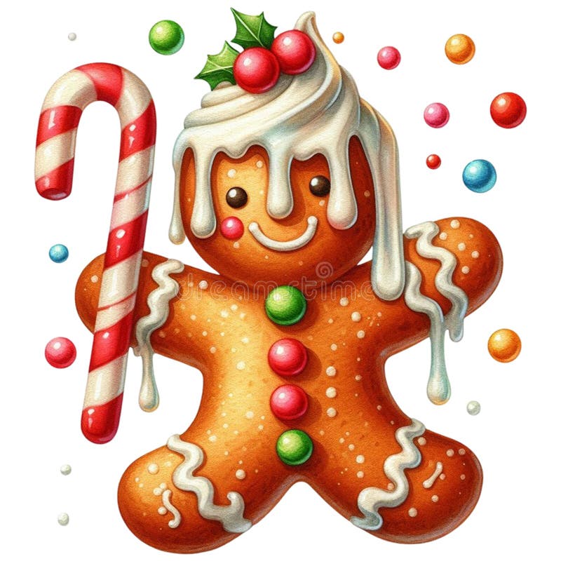 Cute Gingerbread Man Holding a Candy Cane Printable Stock Illustration ...