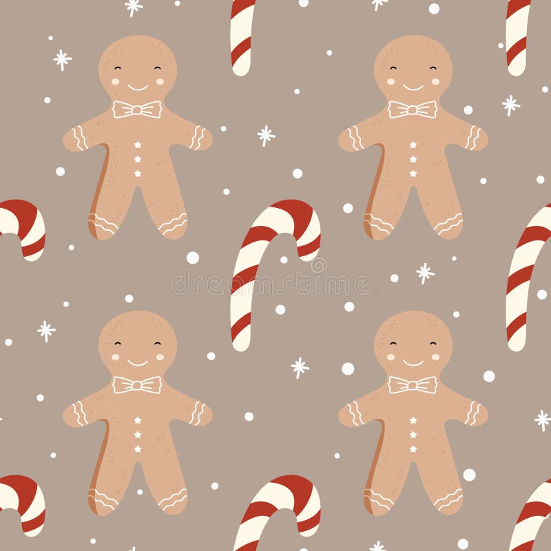 Cute Gingerbread Man with Lollipop Seamless Pattern in Scandinavian ...