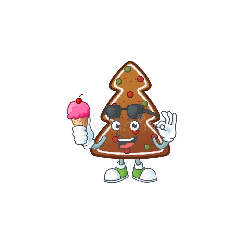 Cute Gingerbread Tree Cartoon Character Enjoying an Ice Cream Stock ...