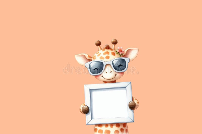 Cute Giraffe Holding a Mockup Picture Frame Peach Fuzz Color Background ...