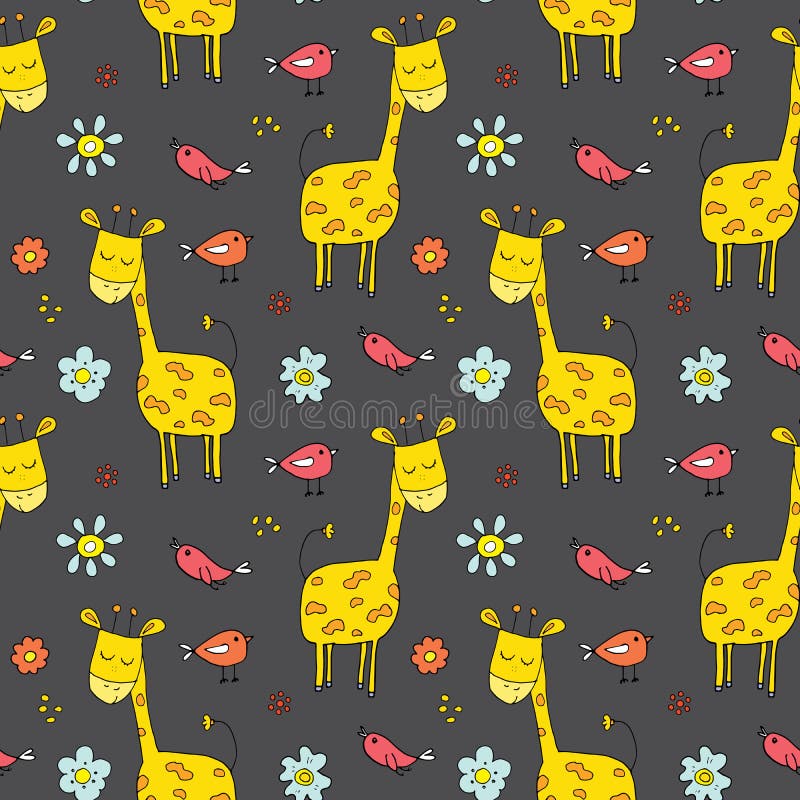 Cute Giraffe Seamless Pattern, Cartoon Hand Drawn Animal Doodles Vector ...