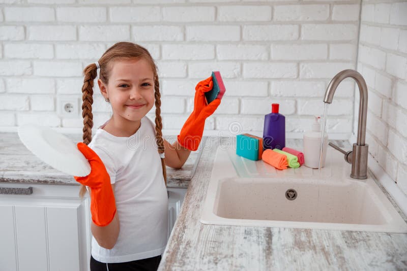 Cute Girl Baby in Kitchen Clean White Plate Stock Photo - Image of ...