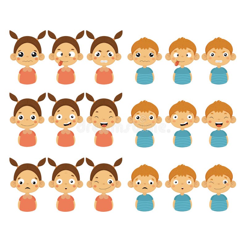 Cute Girl and Boy Faces Showing Different Emotions Stock Vector ...