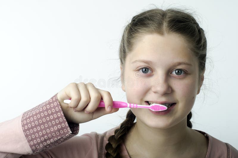 Cute Girl Brushing Teeth on White Stock Photo - Image of cheerful ...