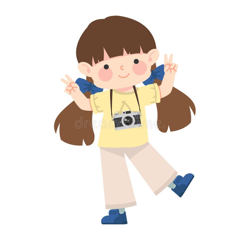 Cute Girl with Camera and Peace Sign Stock Vector - Illustration of ...
