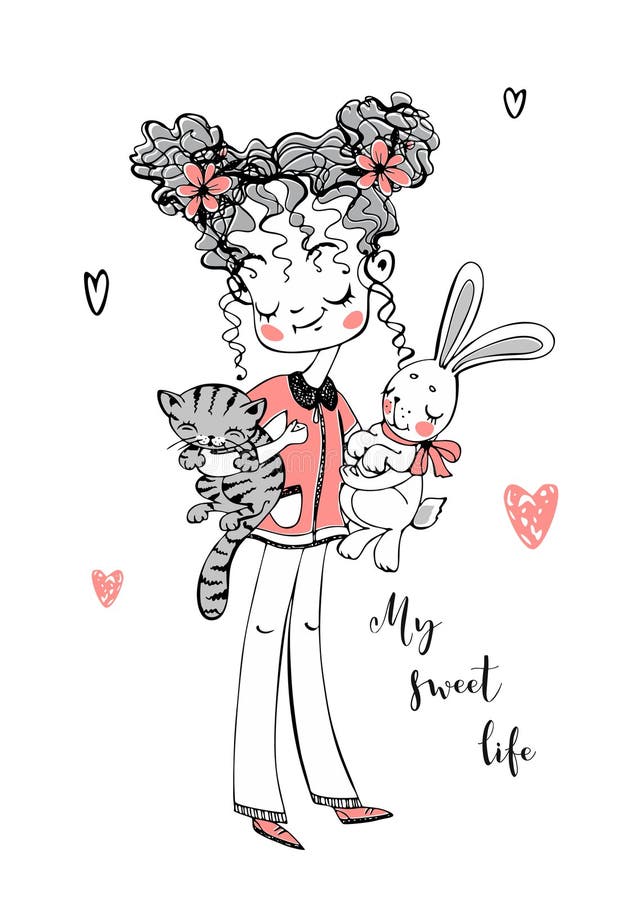 Cute Girl with a Cat and a Bunny. Vector Illustration. Stock Vector ...