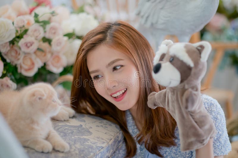 Cute Girl and Cat Playing with Sock Puppets Stock Photo - Image of ...