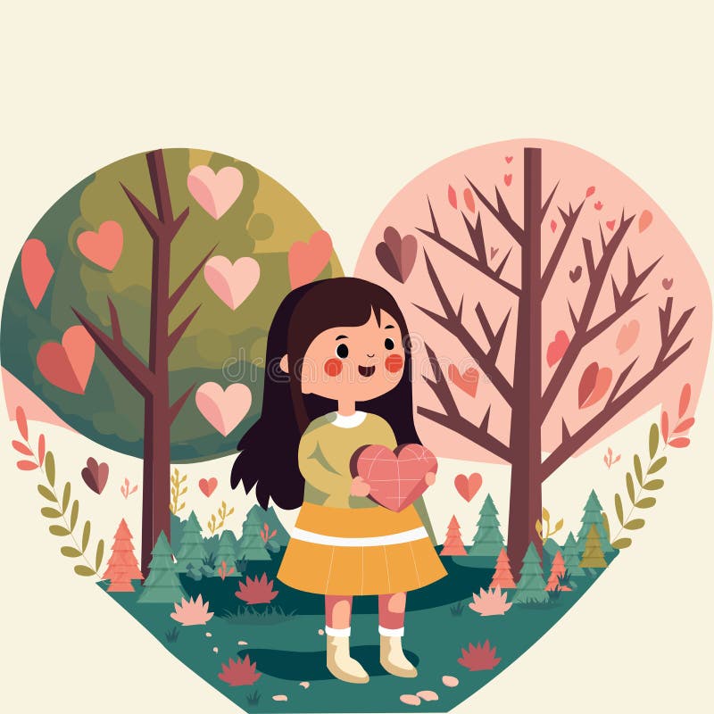 Cute Girl Character in Hearts Shape Forest Stock Illustration ...