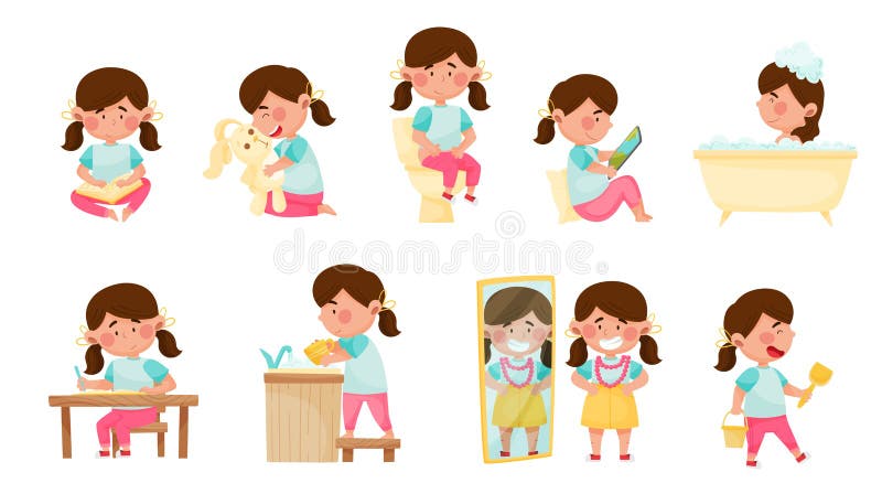 Cute Girl Character Reading Book and Bathing Vector Illustrations Set ...