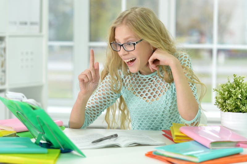 Cute girl does lessons stock photo. Image of simple, pretty - 88124398