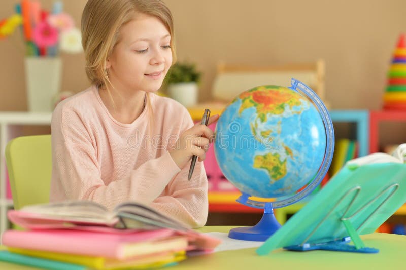 Cute girl does lessons stock image. Image of simple, white - 89462591