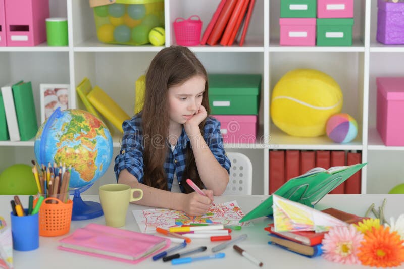 Cute Girl Doing Home Work at Desk Stock Image - Image of pencils ...