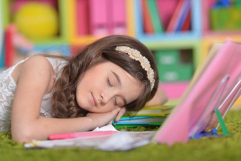 Cute girl doing homework stock photo. Image of caucasian - 95915746