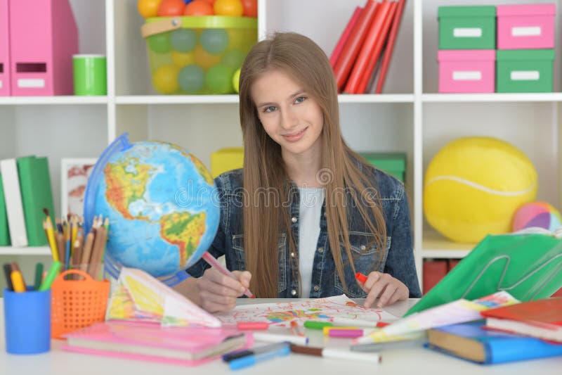 Cute Girl Drawing Picture at Home at the Table Stock Image - Image of ...