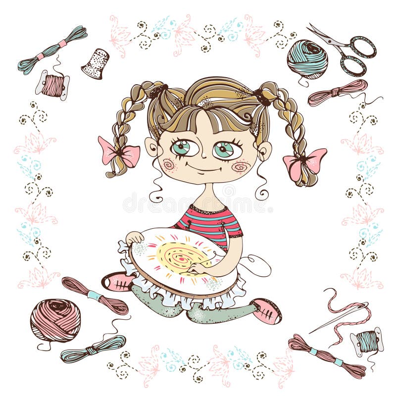 The Girl is Engaged in Needlework Knitting a Scarf. Vector Stock Vector ...