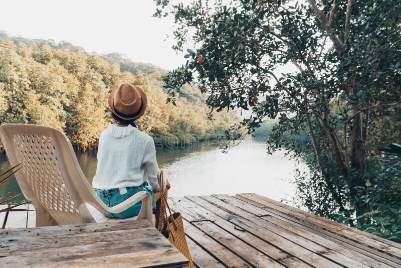 Girl Enjoy with the Nature Resting and Looking on the River Stock Image ...