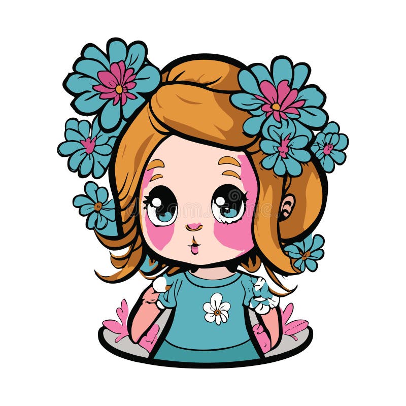 A Cute Girl with Flowers Creative Logo Comic Style. Stock Vector ...