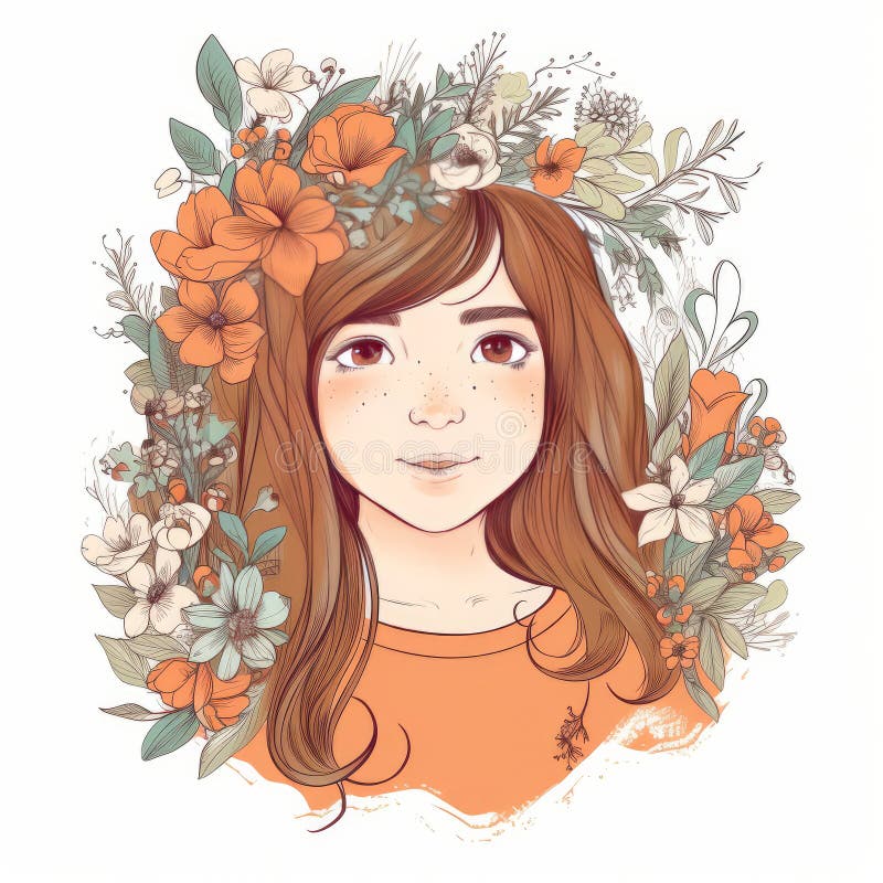 Cute Girl With Flowers Illustration Ai Generative Stock Illustration