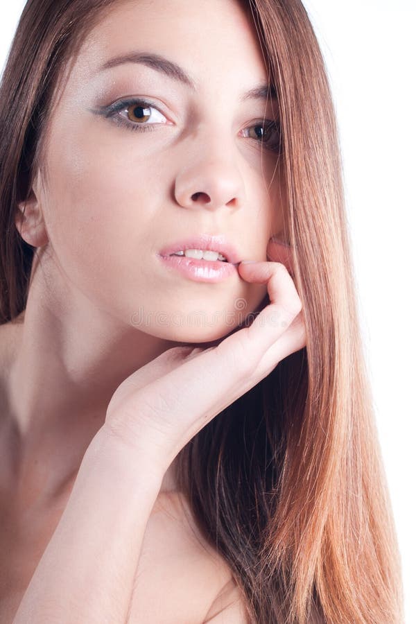 Cute Girl with Hand on Face on White Stock Image - Image of calm ...