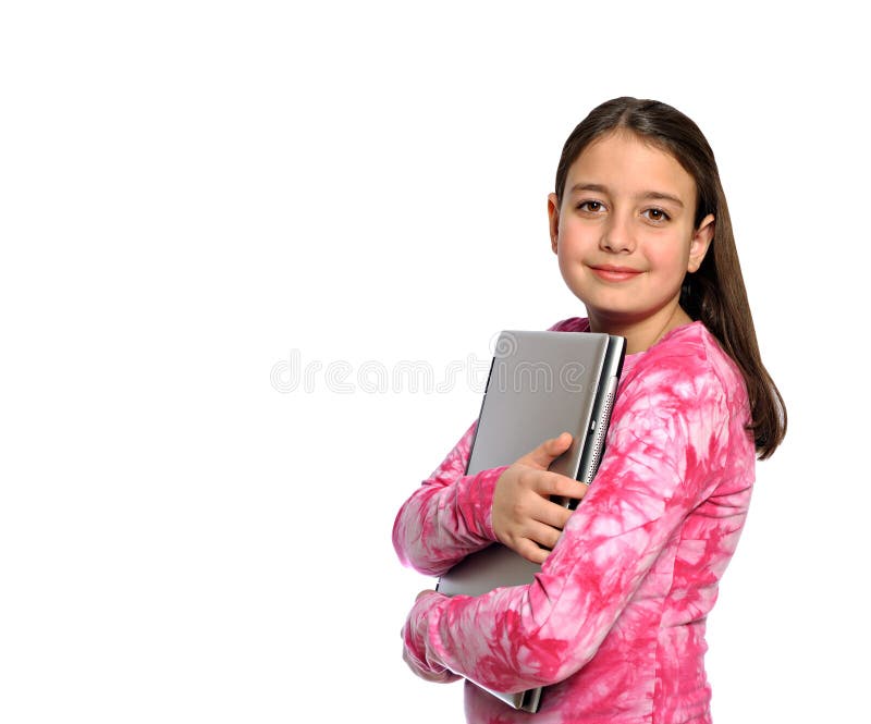 Cute Girl Hugging Laptop Computer Stock Photo - Image of caucasian ...