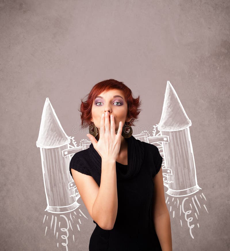 Cute Girl with Jet Pack Rocket Drawing Illustration Stock Image - Image ...