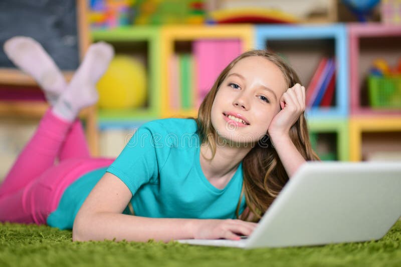 Portrait of Cute Girl with Laptop Computer on Floor Stock Image - Image ...