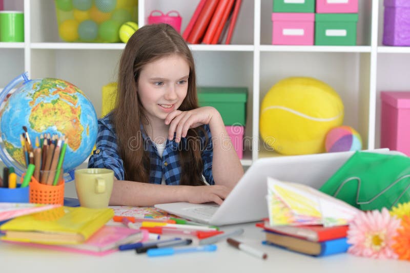Cute Girl with Laptop at Home at Desk Stock Photo - Image of home, girl ...