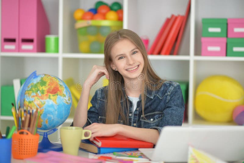 Cute Girl with Laptop at Home at Desk Stock Image - Image of education ...