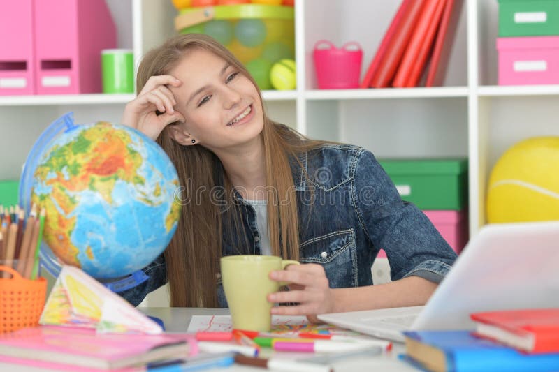 Cute Girl with Laptop at Home at Desk Stock Image - Image of desk ...